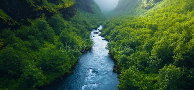 Scenic River Winding through Lush Green Valley Stock Illustration - Illustration of creek, river ...