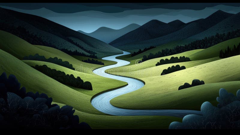 Scenic River Winding through Rolling Hills Stock Illustration ...