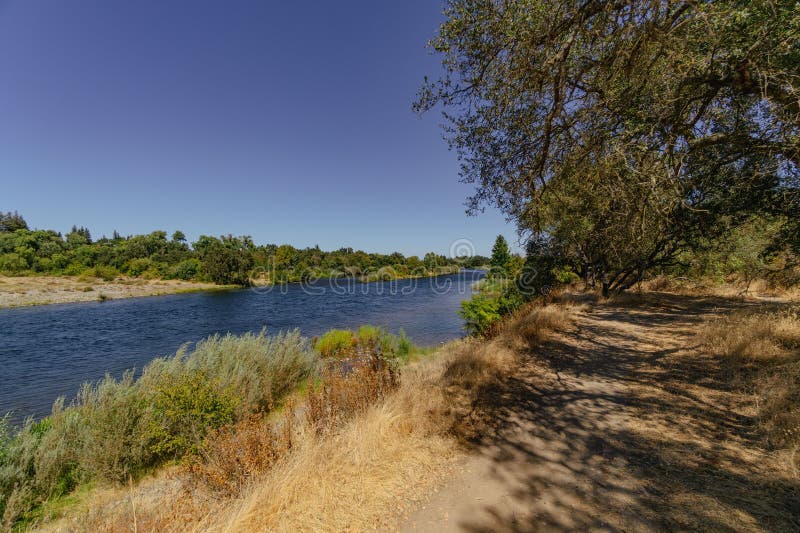 Scenic Riverside Path with Lush Greenery and a Clear Blue Sky, Perfect ...