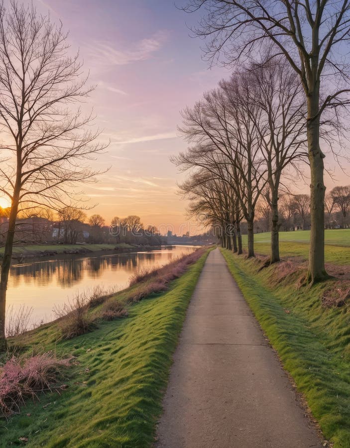 Scenic Riverside Pathway Adorned with Winter Trees Stock Illustration ...