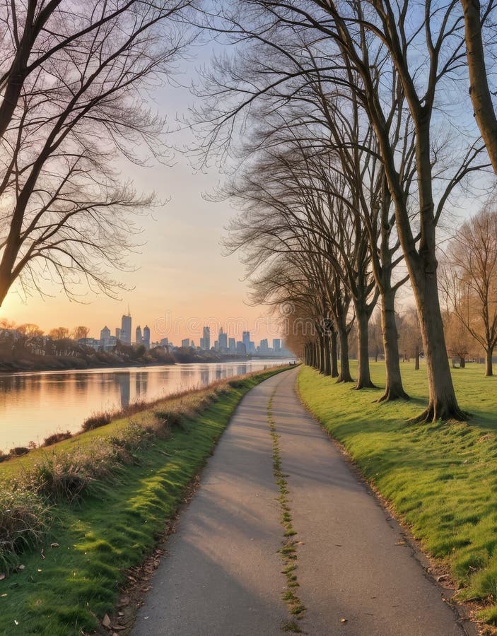Scenic Riverside Pathway Adorned with Winter Trees Stock Illustration ...