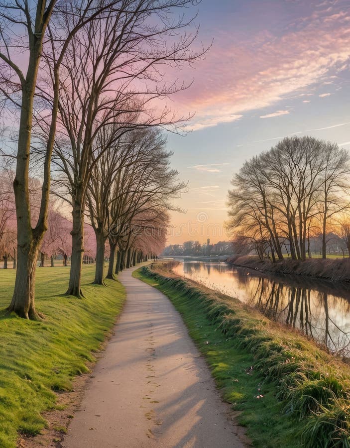 Scenic Riverside Pathway Adorned with Winter Trees Stock Illustration ...