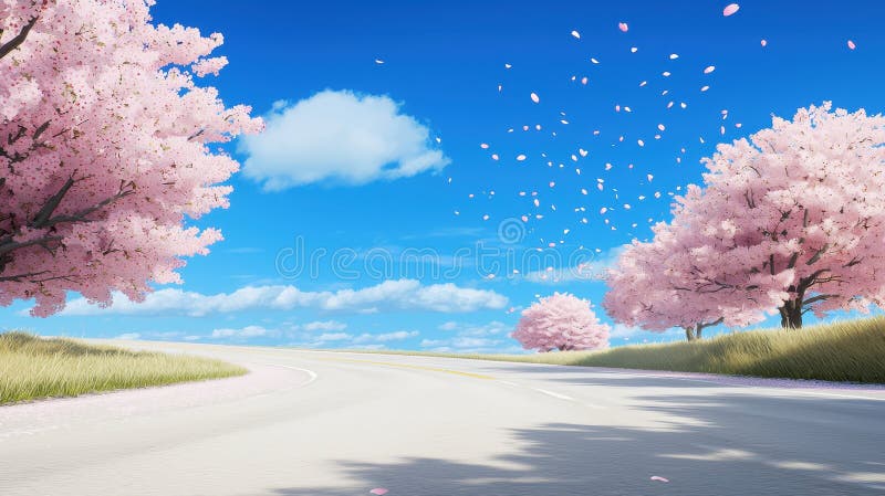 Scenic Road Lined with Cherry Blossom Trees Under Blue Sky Stock ...