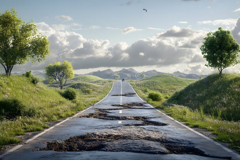 Scenic Road with Potholes Surrounded by Green Hills Stock Illustration ...