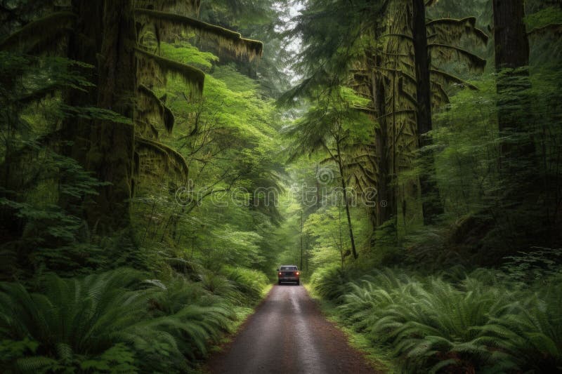 Scenic Road Trip through a Dense Forest, with Trees Towering Over the ...