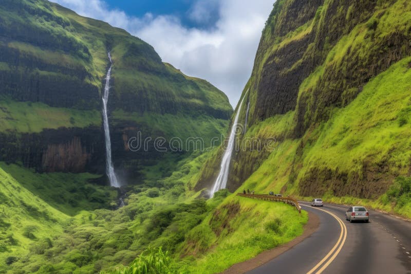 Scenic Road Trip with View of Tall Waterfall Cascading Down the ...