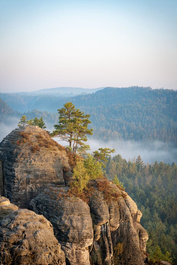 Scenic Rocky Cliffs and Misty Forest Stock Image - Image of foliage ...