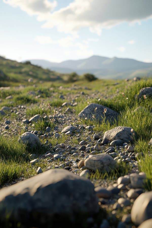 Scenic Rocky Meadow with Rolling Hills and Cloudy Sky in Tranquil Landscape. Stock Photo - Image ...