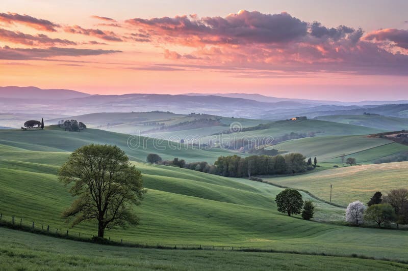 Scenic Rolling Green Hills and Tree Landscape with Sunset Sky and ...