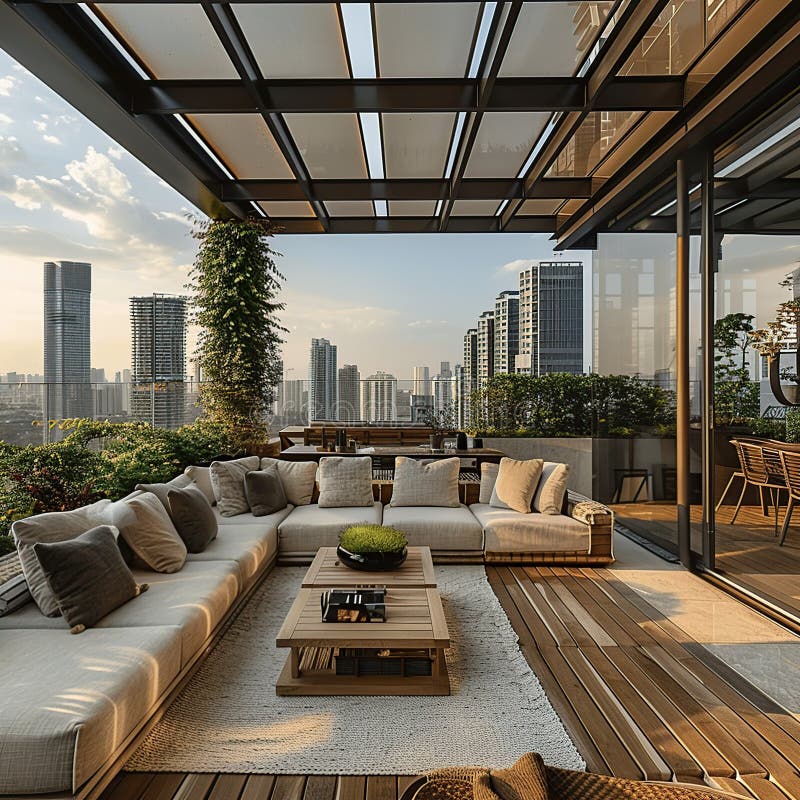 Scenic Rooftop Terrace with Panoramic City Views and Cozy Seating Stock ...