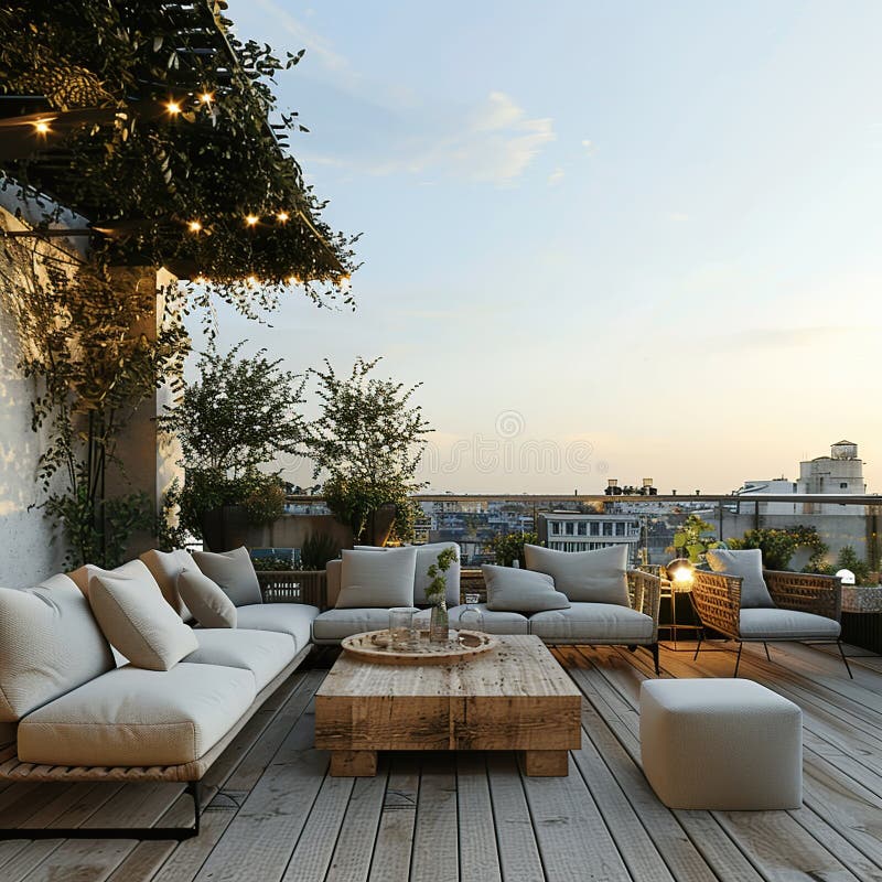 Scenic Rooftop Terrace with Panoramic City Views and Cozy Seating Stock ...