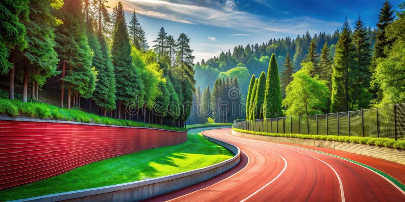 Scenic Running Track Winding through Lush Green Forest Landscape ...