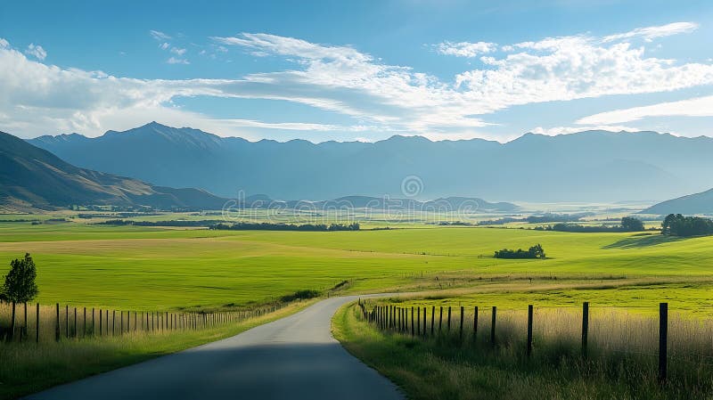 Scenic Rural Landscape with Mountains and Green Fields Under Blue Sky ...