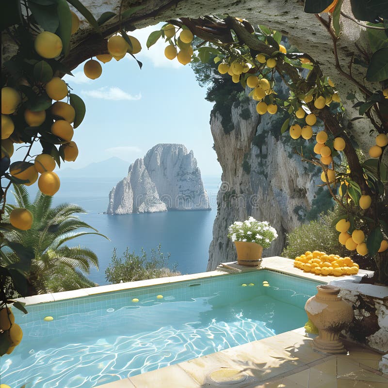 Scenic Seaside Pool with Lemon Trees and Cliffside View Stock Photo ...