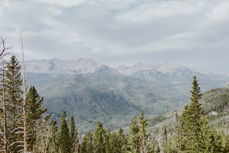 Scenic Shot of a Forest and Mountains Under a Cloudy Sky Stock Image - Image of horizon, clouds ...