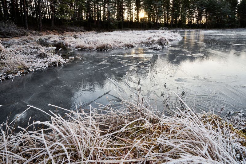 Scenic Shot of a River with Thin Ice Floating Surrounded by Snow ...