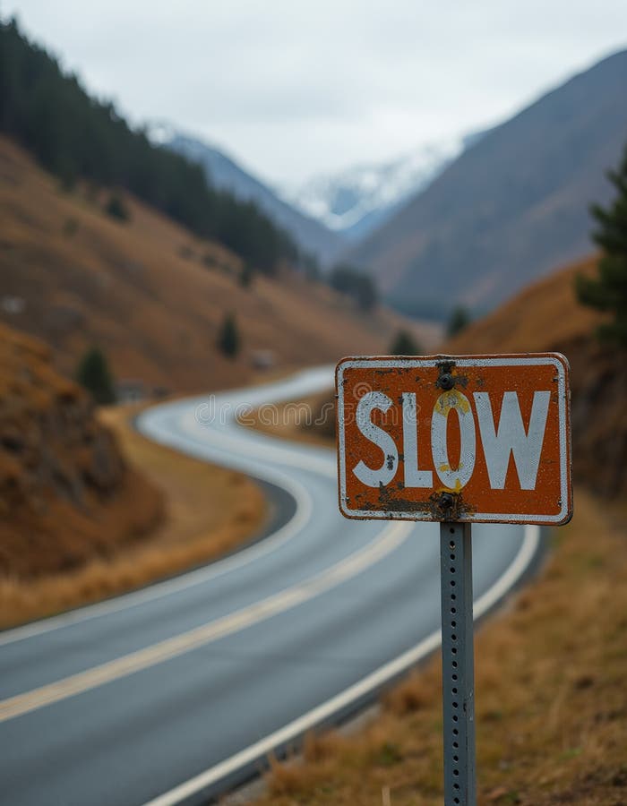 Scenic Slow Sign Against Winding Road Backdrop Stock Illustration ...