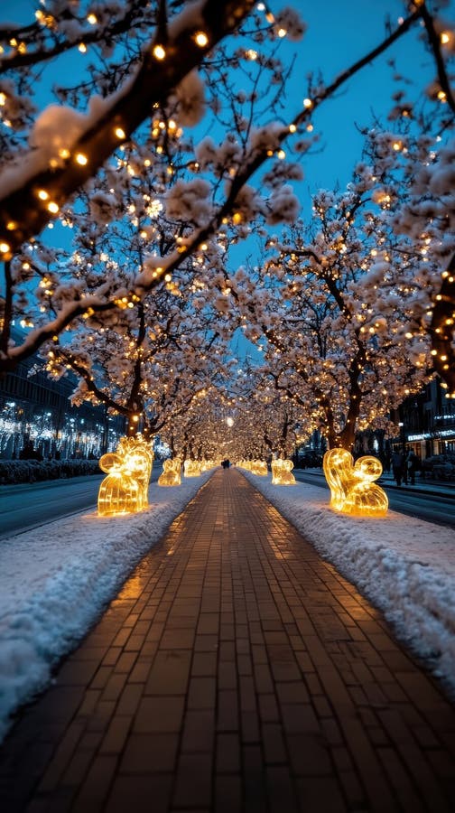 A Scenic Snow-covered Pathway Lined with Glowing Light Decorations and ...