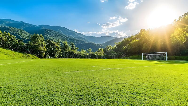 Scenic Soccer Field with Mountains at Sunset Stock Illustration ...