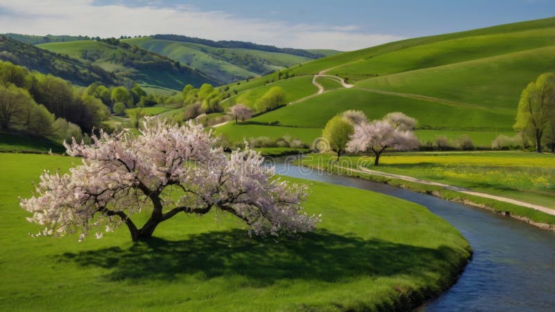 Scenic Spring Countryside with Rolling Green Hills, Blossoming Trees ...