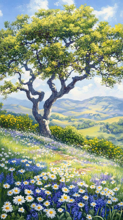 Scenic Spring Meadow with Wildflowers and Oak Tree in Sunny Landscape ...