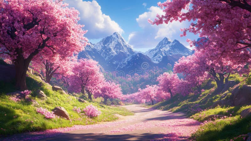 Scenic Spring Road through Pink Blossom Trees and Mountains Stock ...