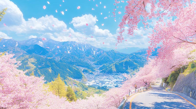 Scenic Spring Road Pink Cherry Blossoms Mountain View Sky Tree Path ...