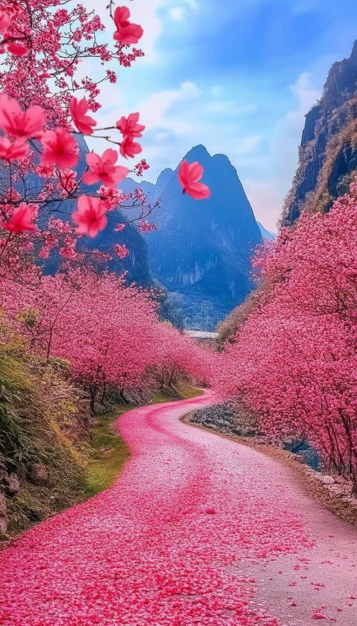 Scenic Spring Road Trip Winding Path through Blooming Cherry Blossoms ...