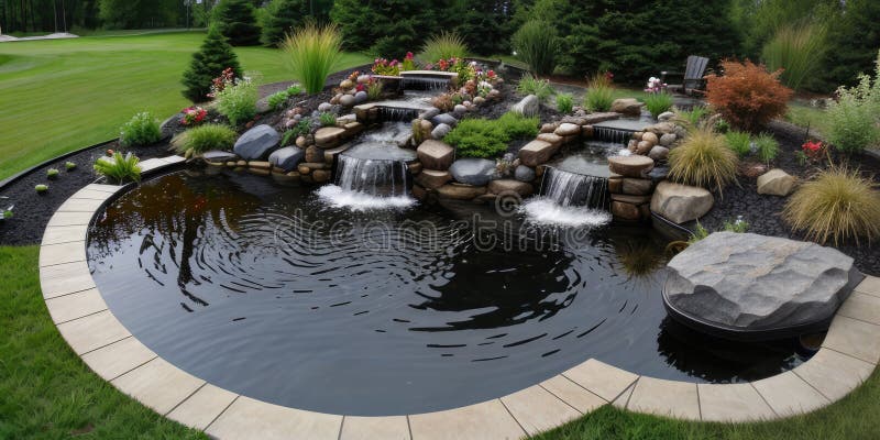 Scenic Spring Summer Artificial Pond Environment Surrounded by Rocks ...