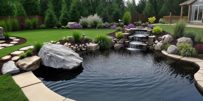 Scenic Spring Summer Artificial Pond Environment Surrounded by Rocks ...