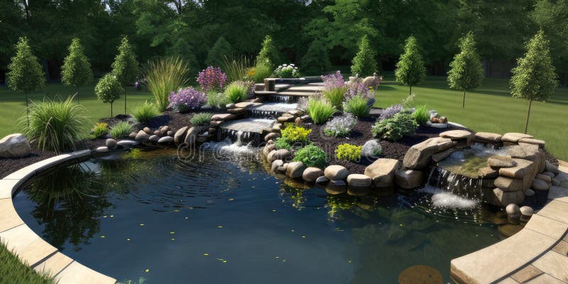Scenic Spring Summer Artificial Pond Environment Surrounded by Rocks ...