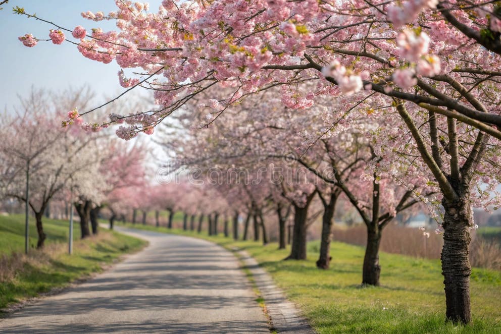 Cherry Tree Path. Springtime View of a Pathway Lined with Cherry Trees ...