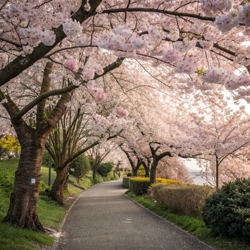 Cherry Tree Path. Springtime View of a Pathway Lined with Cherry Trees ...