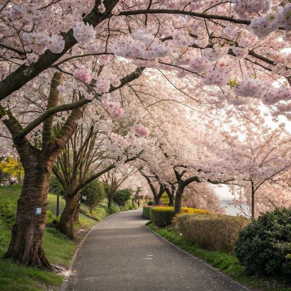 Cherry Tree Path. Springtime View of a Pathway Lined with Cherry Trees ...