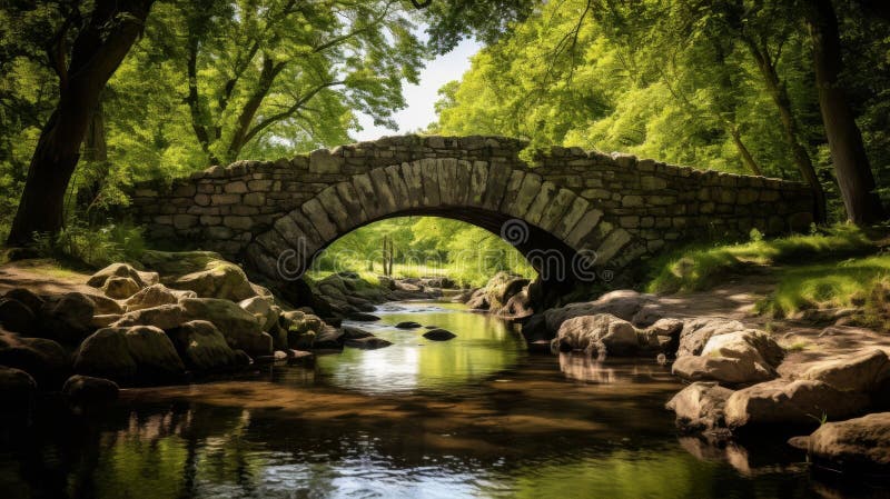 Scenic Stone Bridge Spanning Tranquil Stream Stock Illustration ...
