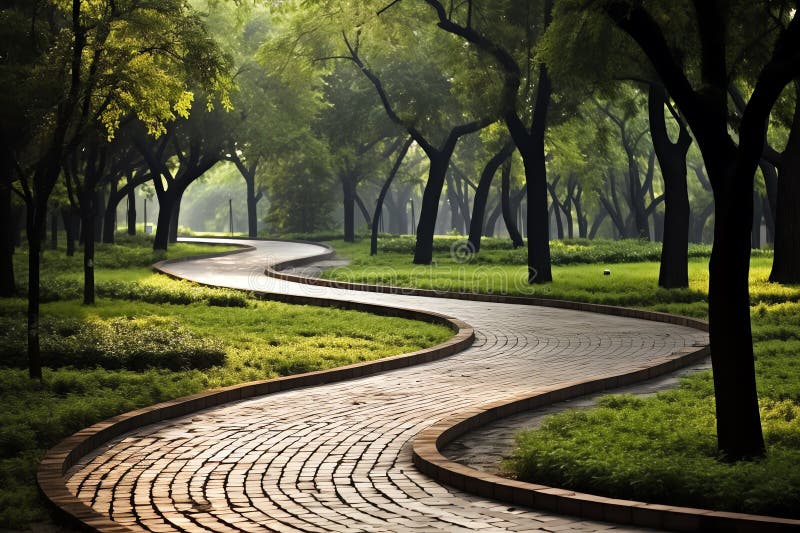 Scenic Stone Path among Tall Trees in the Park, Serene and Inviting for ...