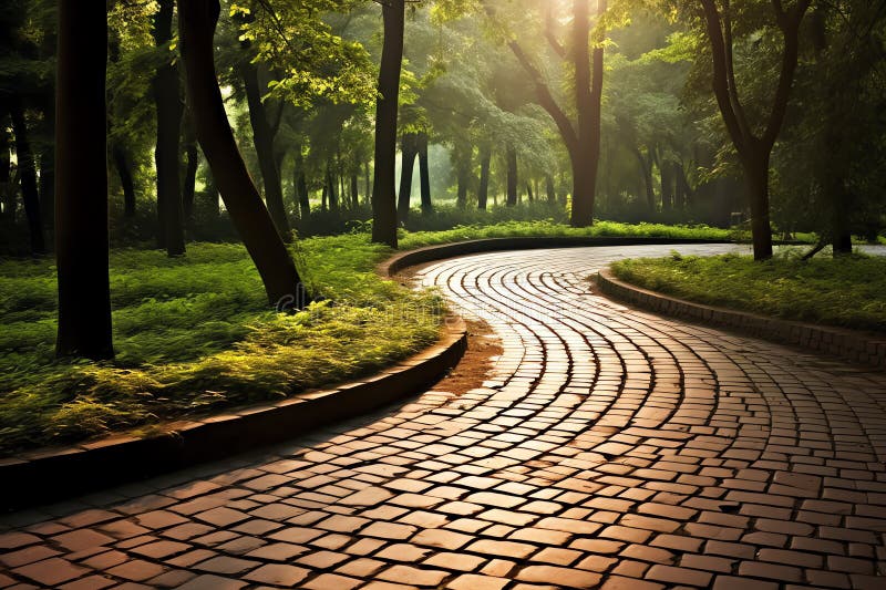 Scenic Stone Path among Tall Trees in the Park, Serene and Inviting for ...