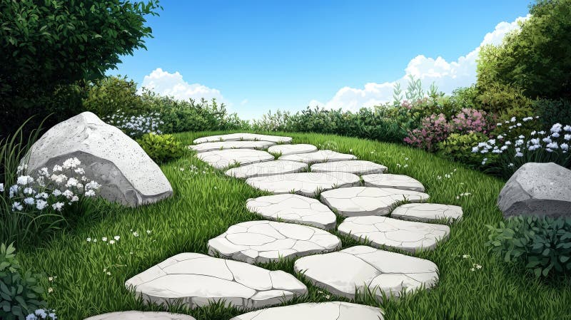 Scenic Stone Pathway in a Vibrant Garden Stock Illustration ...