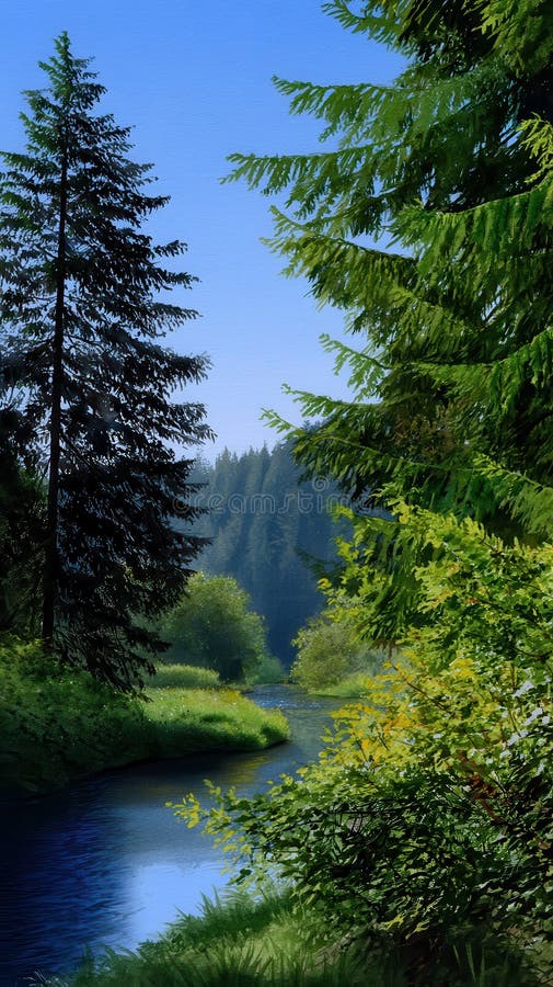 Scenic Stream Flowing through Evergreen Forest Landscape with Mountain ...