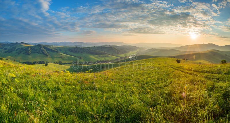 Scenic Summer View. Setting Sun, Beautiful Sky. Hills and Meadows Stock ...