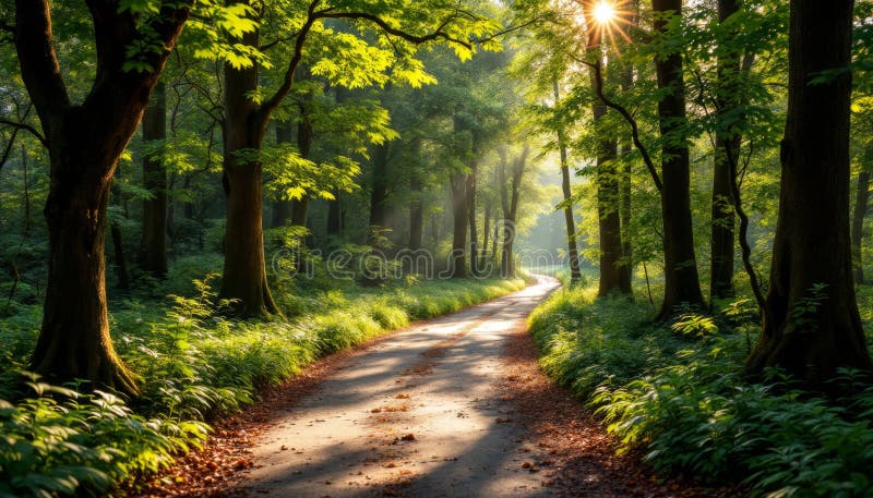 Scenic Sunlit Path Winding through Lush Pacific Northwest Trees Stock ...