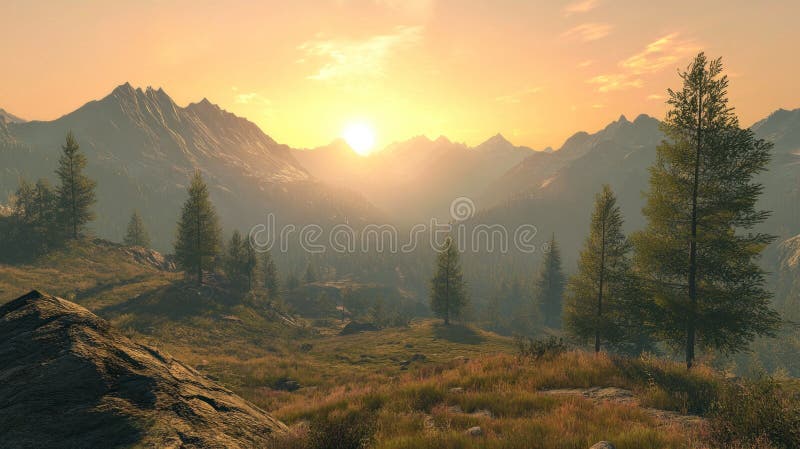 Scenic Sunrise with Mountains and Trees Background Stock Photo - Image ...