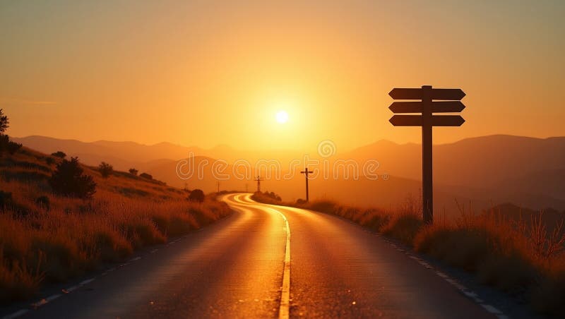 Scenic Sunrise Over Winding Road with Signposts Stock Illustration ...
