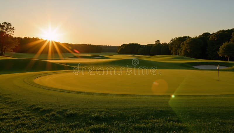 Scenic Sunrise View Over a Goldenglowing Golf Course Stock Illustration ...
