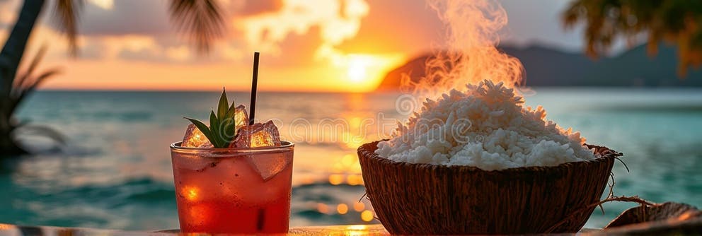 Scenic Sunset Beach with Cocktail and Rice in Coconut Bowl Stock Image ...