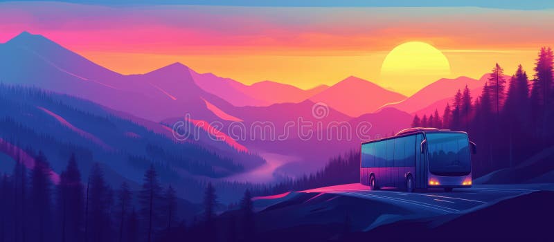 Scenic Sunset Bus Journey through Mountains and Forests Stock Image ...