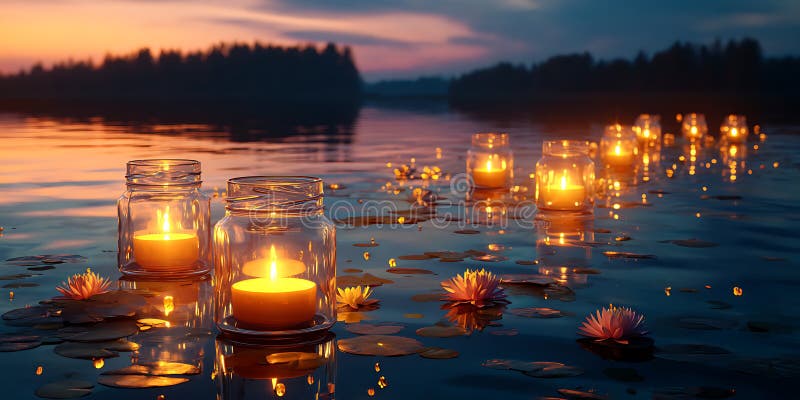 Scenic Sunset Floating Candles on Calm Lake Water Stock Illustration ...