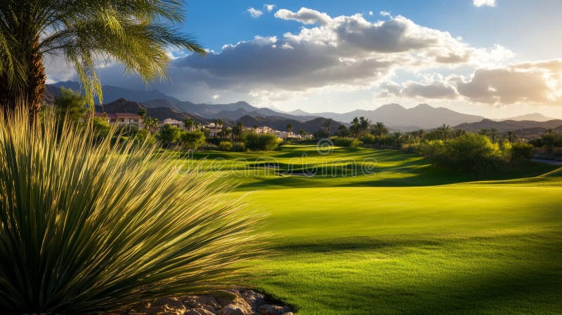Scenic Sunset Golf Course with Lush Greenery and Mountain Views Stock ...
