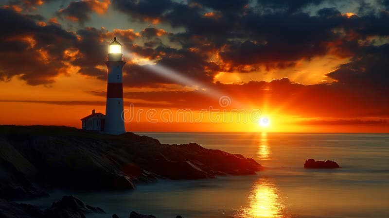 Scenic Sunset Lighthouse Overlooking Ocean with Dramatic Sky and Sun ...