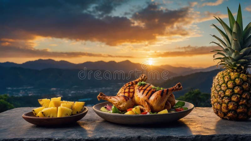 Grilled Chicken with Pineapple Sunset Dinner Stock Illustration ...
